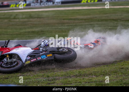 A motorcyclist racing during the World Super Bikes at Donington Park ...