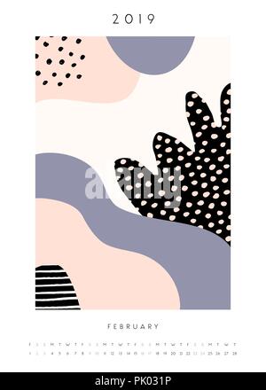 Printable A4 size February 2019 calendar template. Abstract composition ...