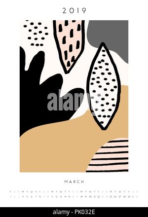 Printable A4 size March 2019 calendar template. Abstract composition ...