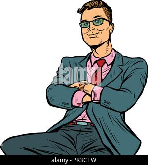 Vintage art illustration of man is sitting and holding laptop Stock ...