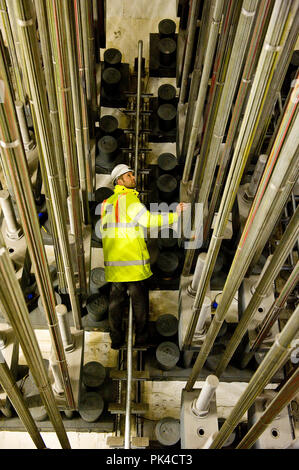 Steel cable anchorage of a cable-stayed bridge, Am Muenchner gate Stock ...