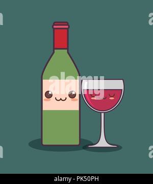 wine bottle and cup kawaii character vector illustration design Stock ...