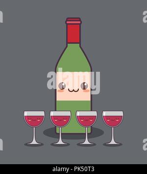 wine bottle and cup kawaii character vector illustration design Stock ...