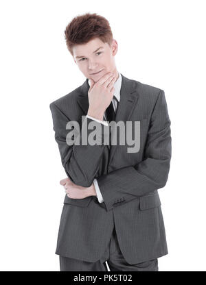 Pensive man props head with hand, isolated on white.photo with copy ...