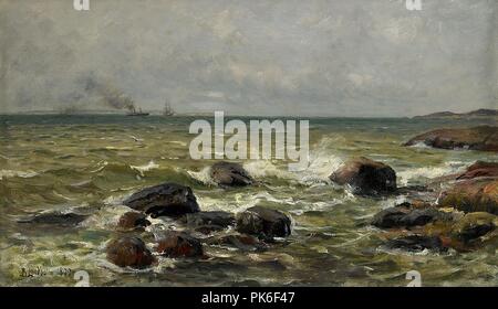 'Kustvy med segelfartyg i horisonten' by Berndt Lindholm depicts a ...