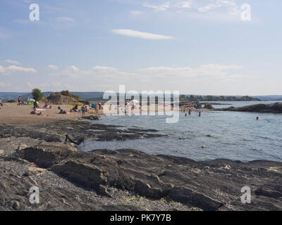 Huk beach, a popular beach with sand and cliffs at Bygdøy in Oslo ...