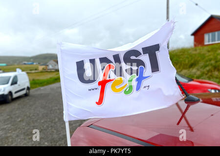 Flags celebrating the annual week long festival Unst Fest held in the ...