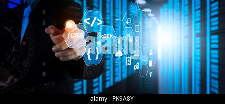 Coding software developer work with augmented reality dashboard ...