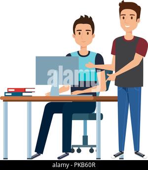 young man at desk with computer and companions vector illustration ...