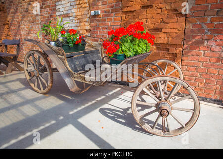 City Zarasi, Lithuania. Old retro horse carriage. Flowers and red wall ...