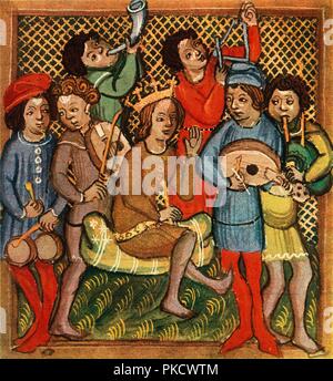 15th century musical instruments. Painting Hubert van Eyck?) showing ...