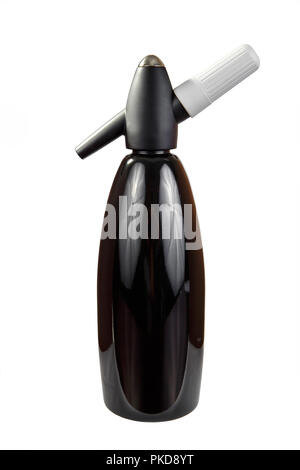 Black shiny metal table siphon for soda, next to a transparent bucket ...