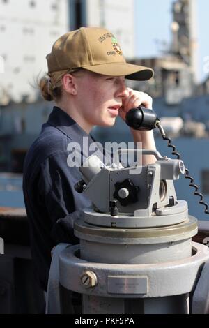August 7, 2018 - Mediterranean Sea - Ensign Jordan Whittle observes the ...