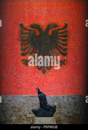 Bust of Skanderbeg and mosaic of the Albanian flag, Skanderbeg memorial ...
