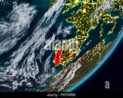 Portugal from space at night on Earth with visible country borders. 3D ...