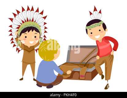 Illustration of Stickman Native American Kids Waving Hello and Riding a ...