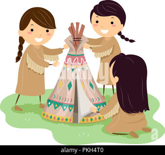 Illustration of Stickman Native American Indian Family Stock Photo - Alamy