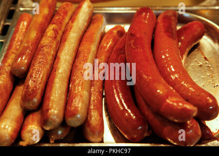 German Wurst sausages for sale on a market stall, Freiburg im Breisgau ...