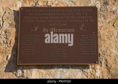 Memorial Boulder plaque, Madison River Canyon Earthquake Area, Gallatin ...