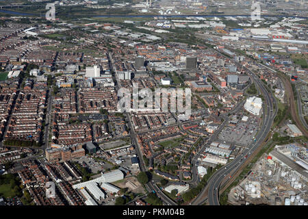 aerial view of Middlesbrough town centre from above Albert Park looking ...