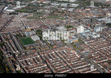 aerial view of Middlesbrough town centre from above Albert Park looking ...