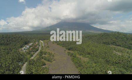 Aerial view of Mount Mayon Volcano and Sumlang Lake near Legazpi City ...