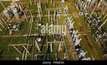 Aerial view Power plant, transformation station, cables and wires ...