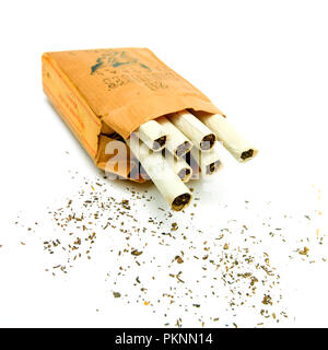 Old pack of Gauloises, typical french cigarettes on a white background ...
