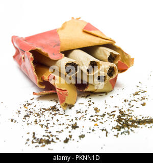 Old pack of Gauloises, typical french cigarettes on a white background ...