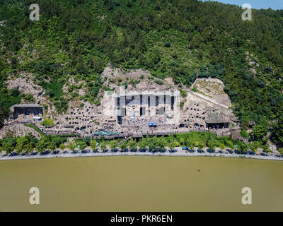 Aerial view of Longman Grottoes at Luoyang, Henan across the Yi River ...