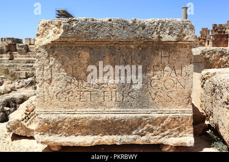 Roman writing carved in stone at Baalbek Roman Ruins, Lebanon Stock ...