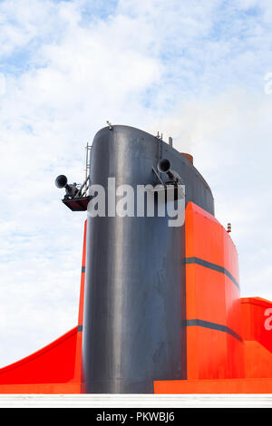 A close up view of the funnel of Cunard cruise liner Queen Mary 2 ...