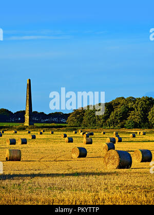 Seaton Delaval Hall and obelisk in corn fields at sunset Stock Photo ...