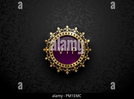 Vip purple label with round golden ring frame crown on gold floral ...