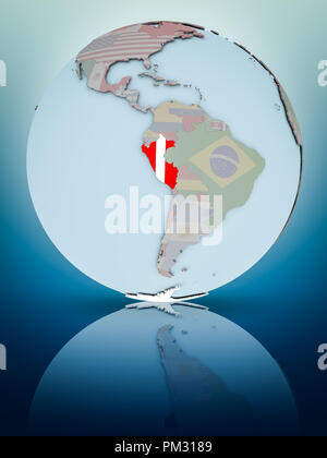 Peru with flag on globe reflecting on surface. 3D illustration Stock ...