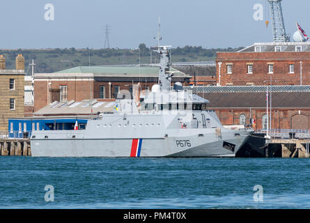 The Flamant class French offshore patrol vessel FS PLUVIER leaves Portsmouth Naval Base after a ...