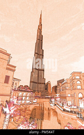 Burj Khalifa tower. Dubai, United Arab Emirates. Hand drawn watercolor ...