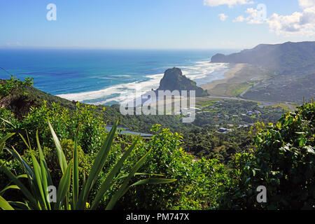 Black sand of Piha Beach near Auckland in the North Island, New Zealand ...