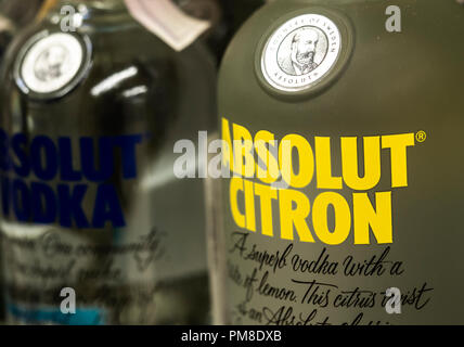 Bottles of Absolut Vodka on a shelf of a duty free shop in Istanbul ...