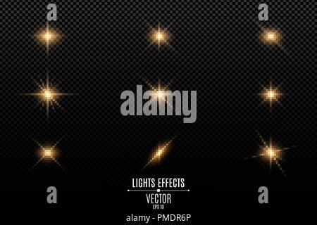 Gold horizontal lens flares set. Isolated on black background. Sun ...
