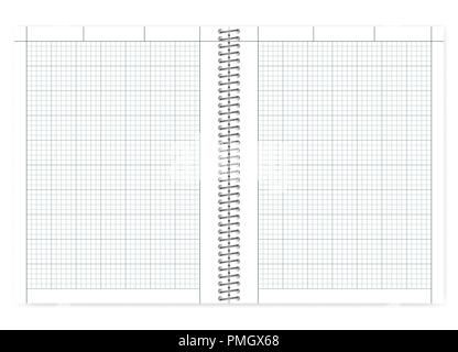 Spiral graph ruled notebook realistic mockup. Wire bound white A4 notepad with squared sheets ...