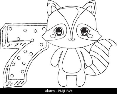 cute raccoon and number 7 icon over background, vector illustration ...