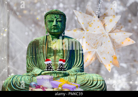 Christmas card buddhist monk statue holding 2 christmas trees with hats ...
