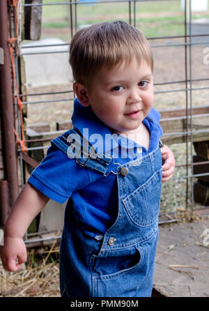 A toddler boy in denim overalls runs and plays on the playground ...