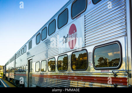 Close up of Caltrain logo on transit sign at commuter rail station, San ...