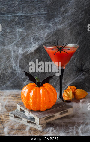 Pumpkin with bats and spiders for Halloween, selective focus. Copy ...