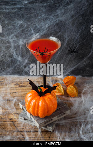 Pumpkin with bats and spiders for Halloween, selective focus. Copy ...