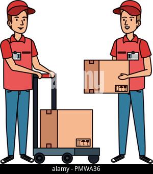 delivery workers with cart and boxes Stock Vector Image & Art - Alamy