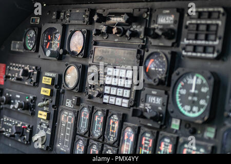 Control dashboard and panel inside an aircrafts's cockpit, details of ...