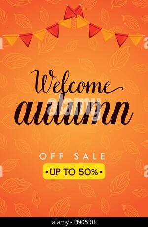autumn sale poster with lettering and leafs pattern in white background ...